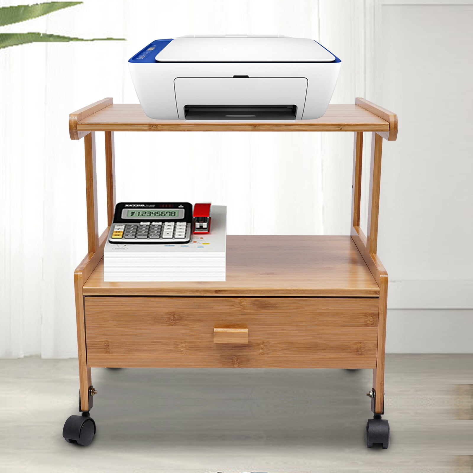 Mobile Printer Stand, Log Color, 2 Tiers Bamboo Printer Shelf with ...