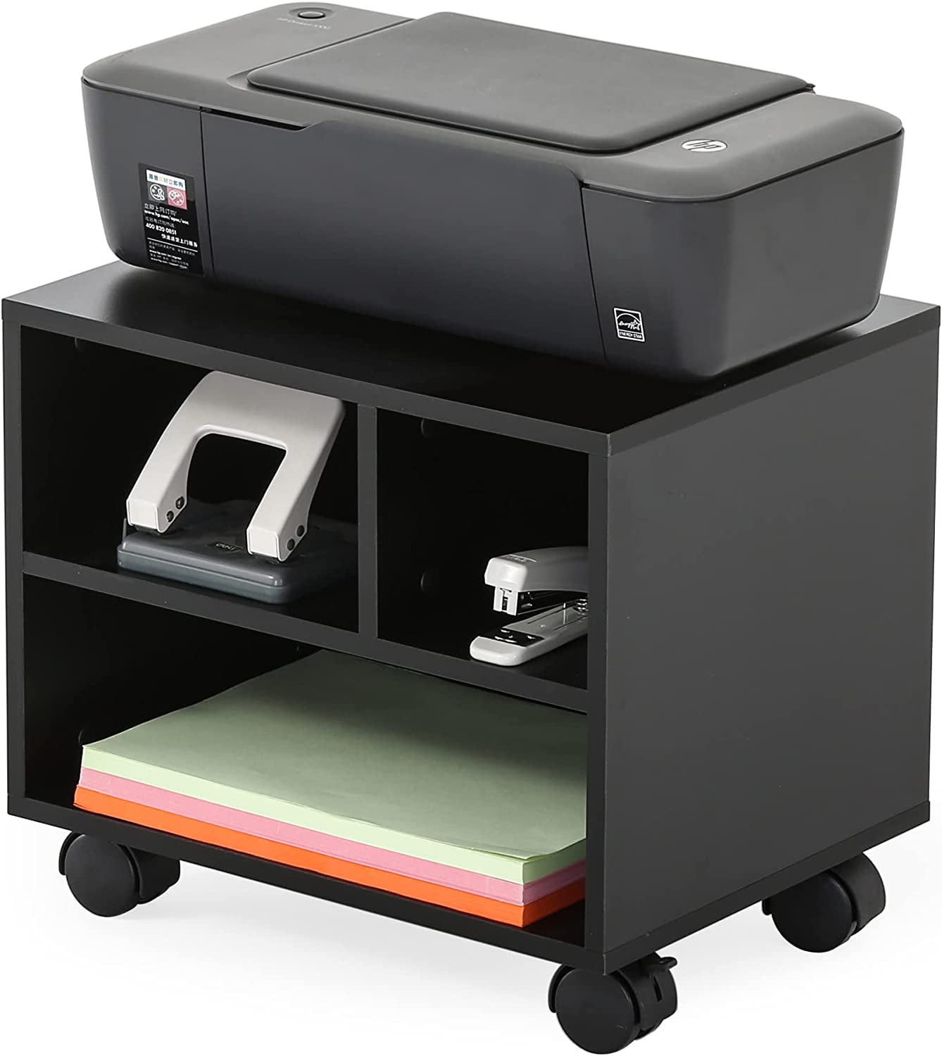 Mobile Printer Stand with Storage, Under Desk Black Wood Small Rolling ...
