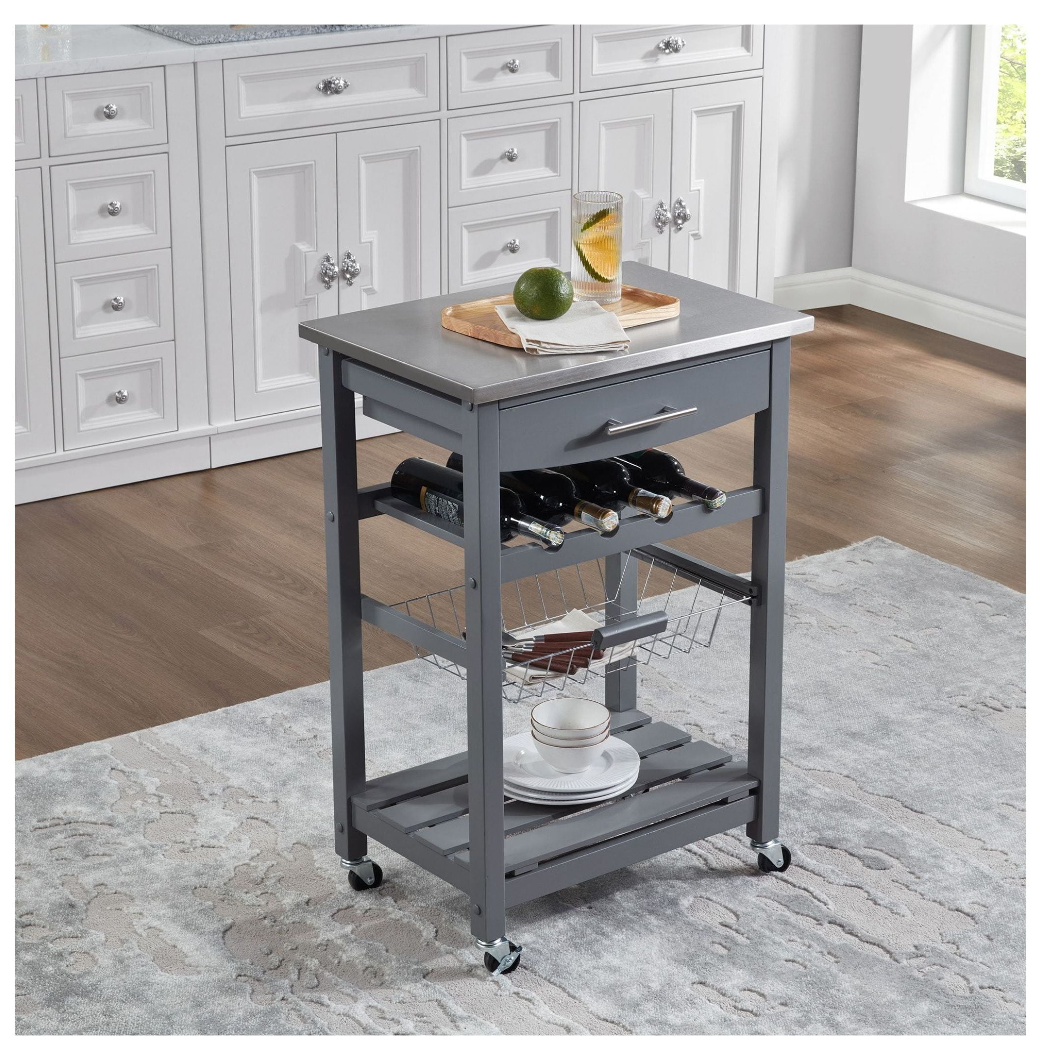 Mobile Rolling Kitchen Island Trolley Serving Cart with Underneath ...