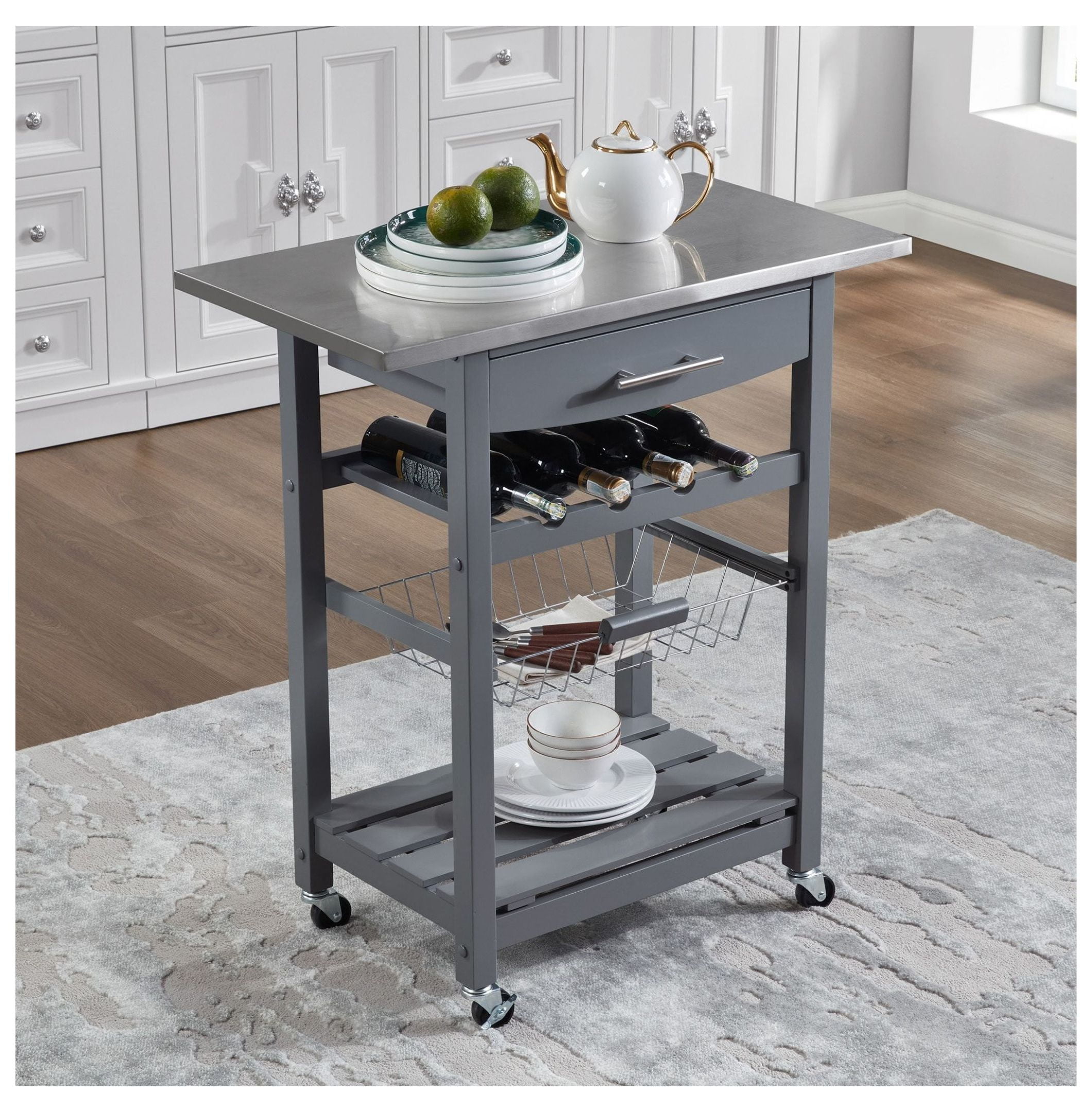 Mobile Rolling Kitchen Island Trolley Serving Cart with Underneath ...