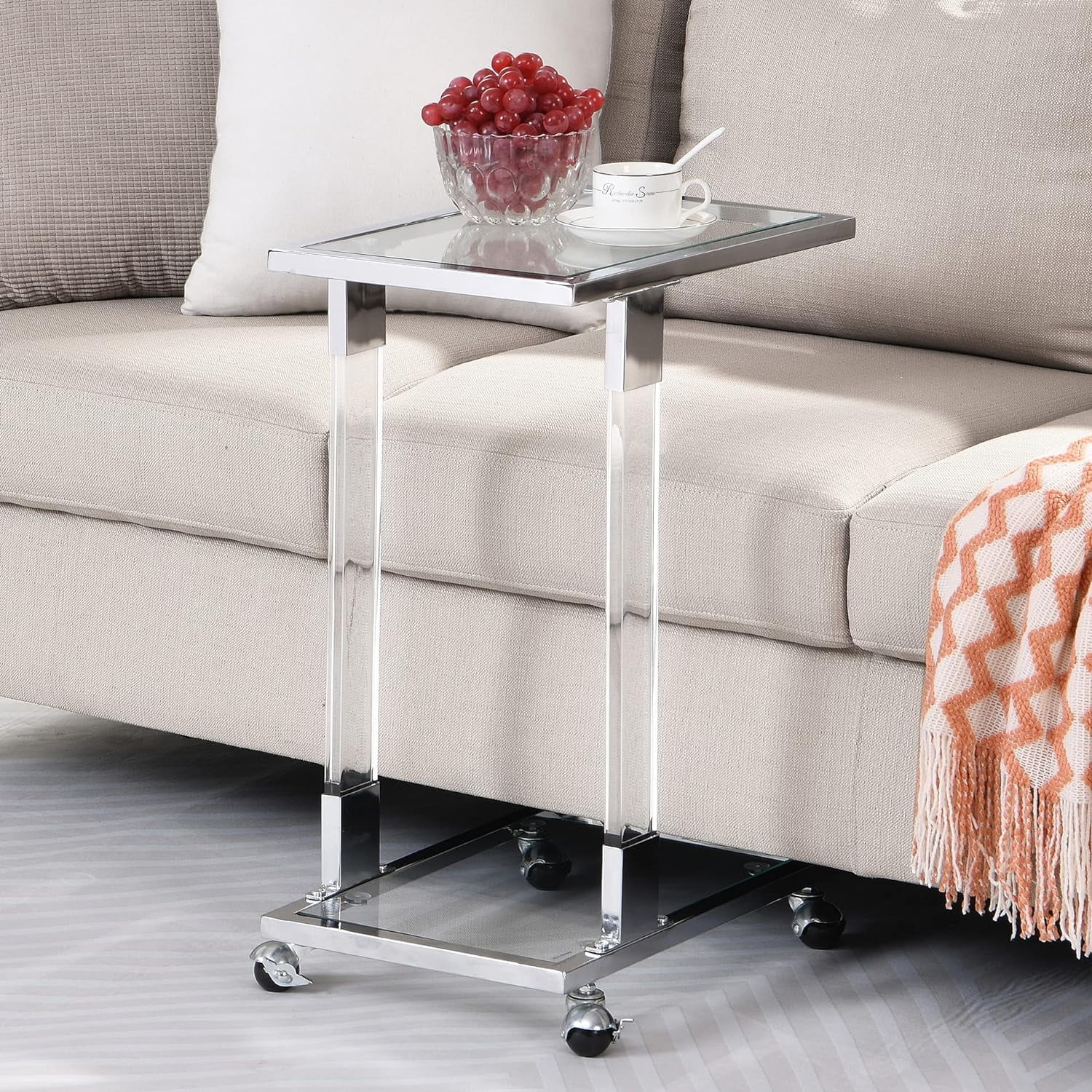 Mobile Side Table Acrylic Glass Rolling Couch End Table with Wheels ...