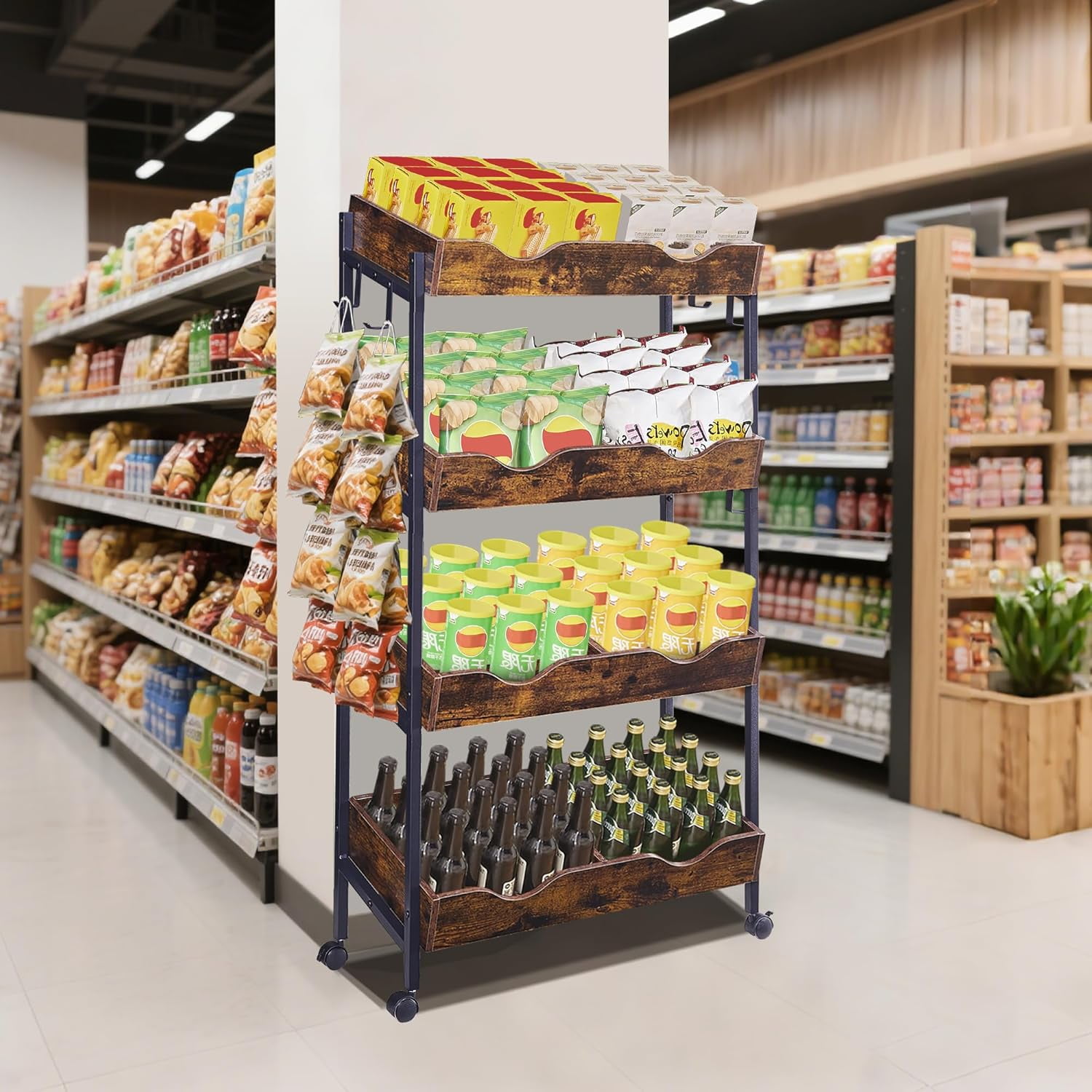 Mobile Snack Rack,4-Tier Retail Display Shelves with 8 Metal Hooks ...