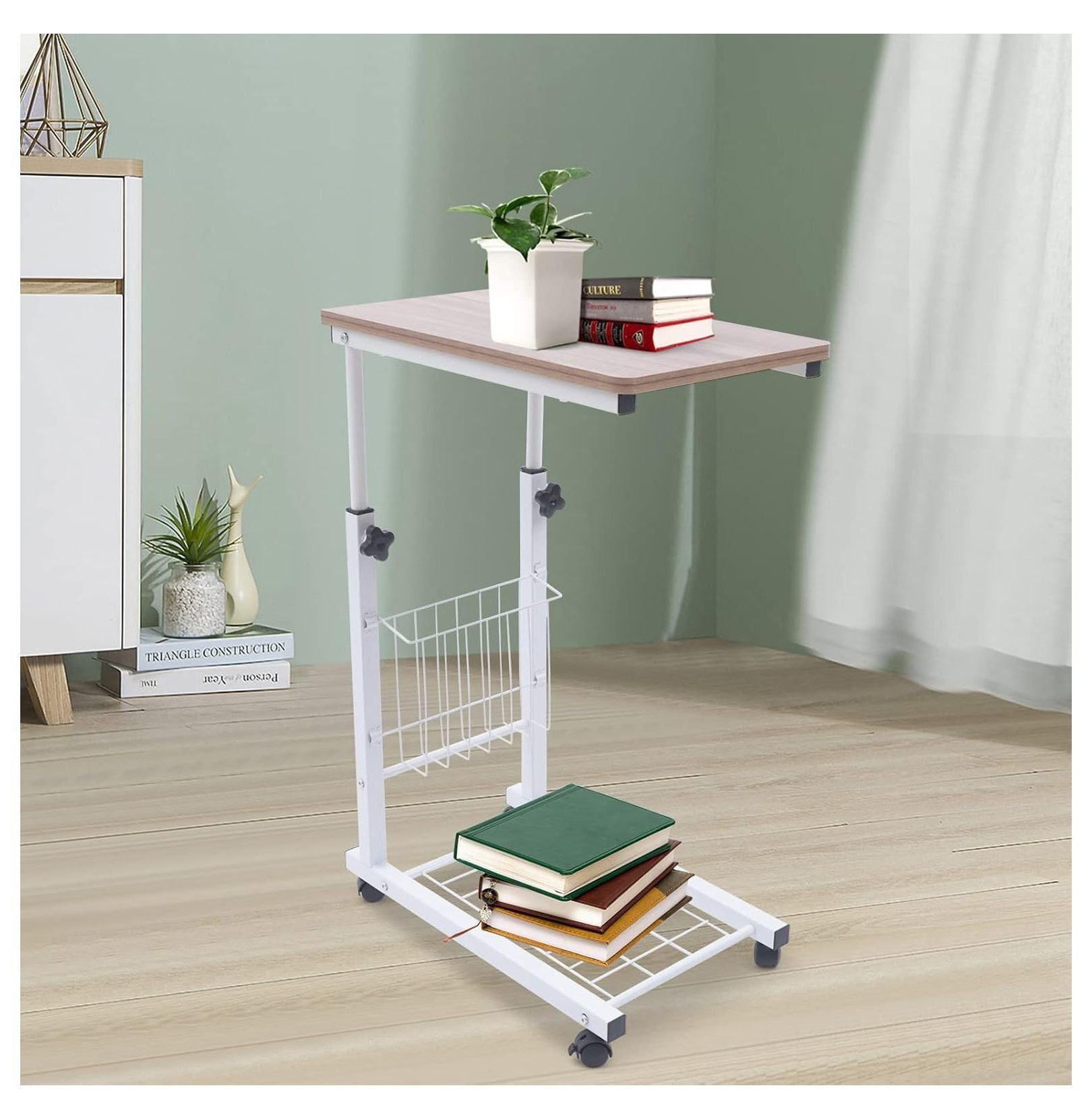 Mobile Sofa Side Table Height Adjustable C-Shape Rolling End Table with ...