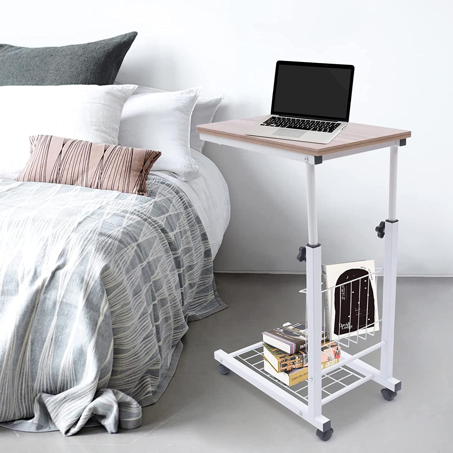 Mobile Sofa Side Table, Height Adjustable Rolling Bedside Table with ...