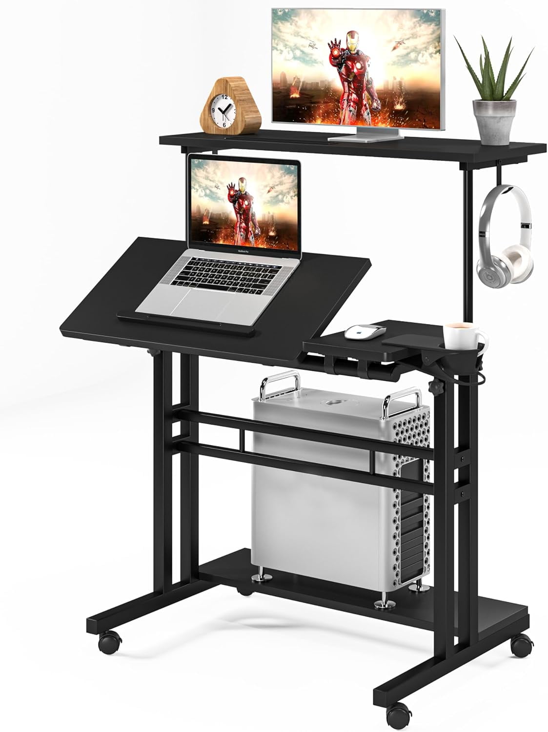 Mobile Stand Up Desk with 3 Desktops, Adjustable Rolling Desk with ...