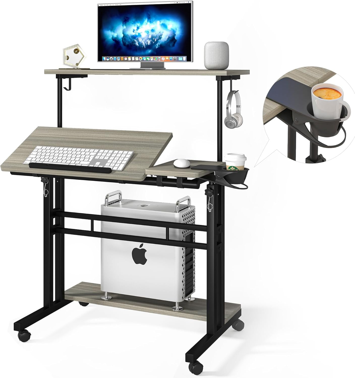 Mobile Standing Desk, Adjustable Rolling Computer Desk with 3 Desktops ...