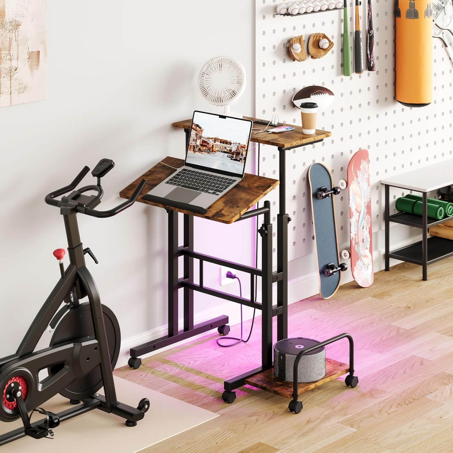 Mobile Standing Desk with Power Outlets & Strip Lights Rolling Computer ...