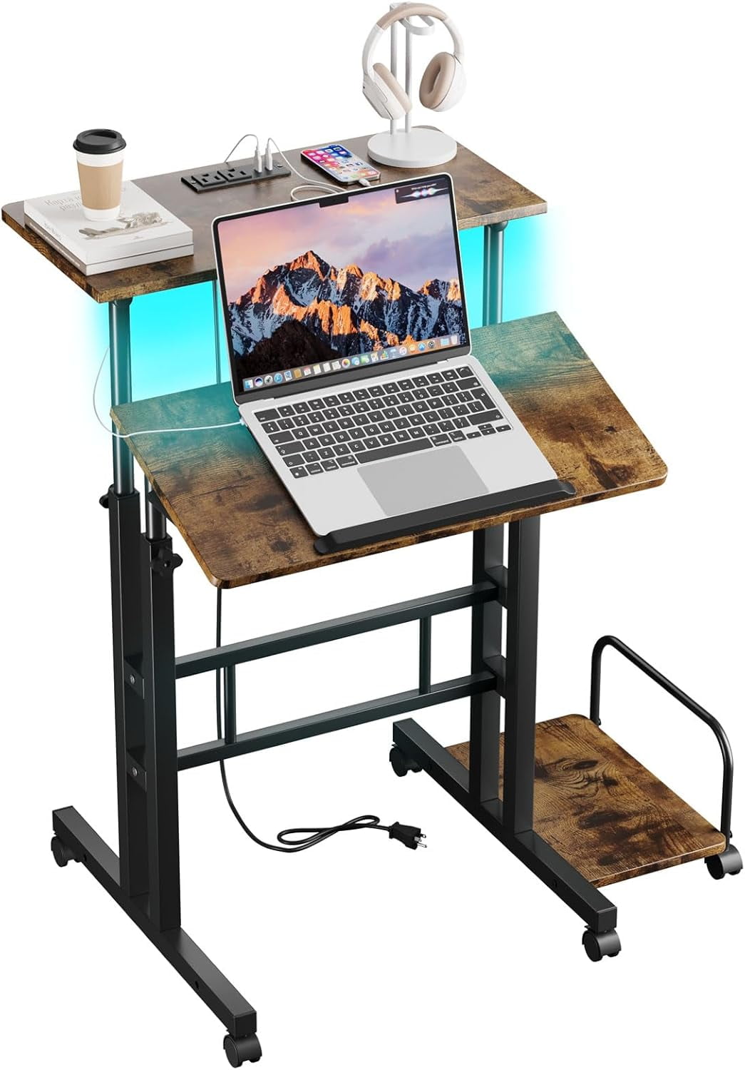 Mobile Standing Desk with Power Outlets & Strip Lights Rolling Computer ...