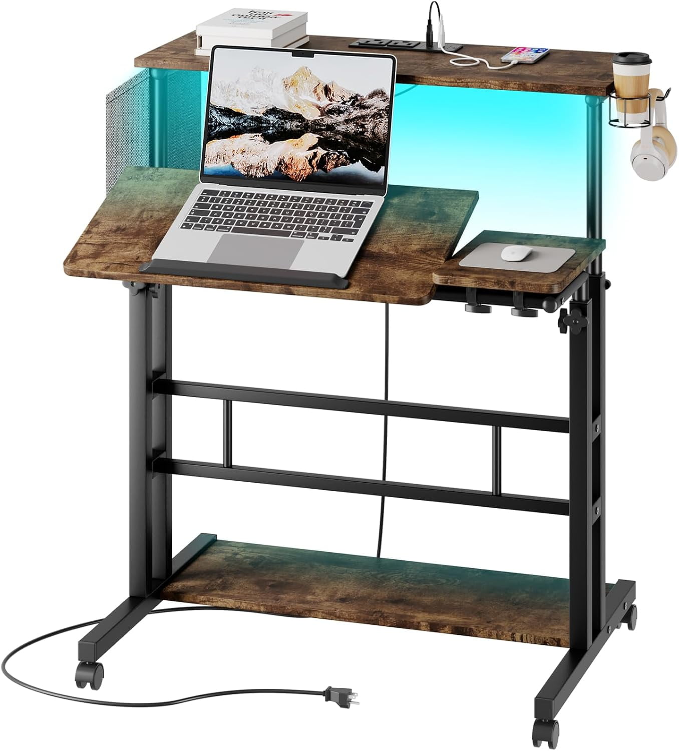 Mobile Standing Desk with Power Outlets & Strip Lights, Rolling ...
