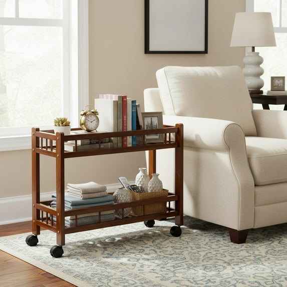 Mobile Storage Rack with Wheels | 2-Tier Solid Wood Organizer | Brown ...