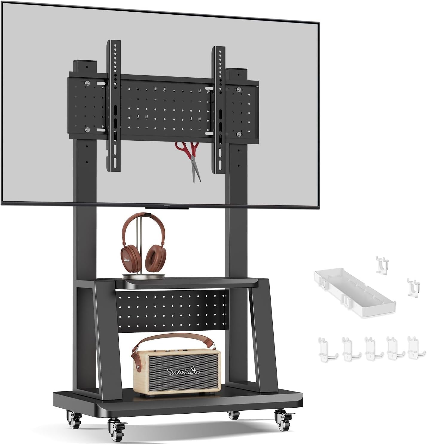 Mobile TV Cart Rolling TV Stand with Pegboard Storage for 32-80 Inch ...