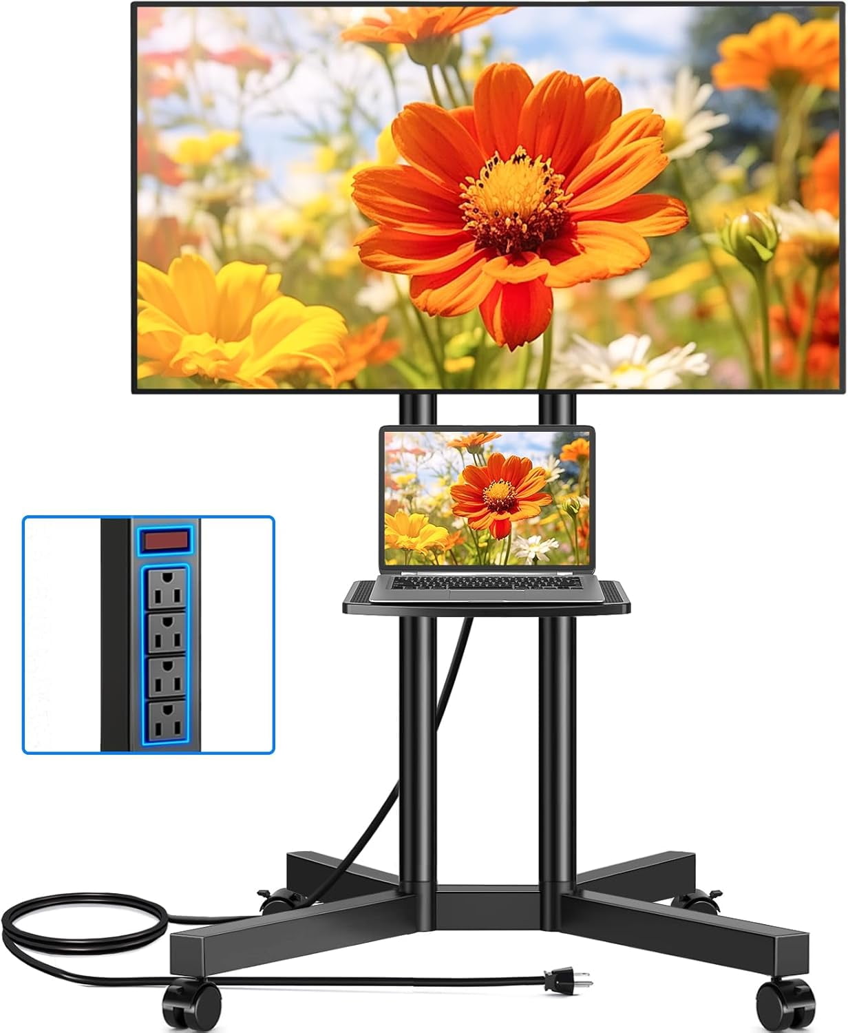 Mobile TV Cart Rolling TV Stand with Power Outlet for 32-75 Inch ...