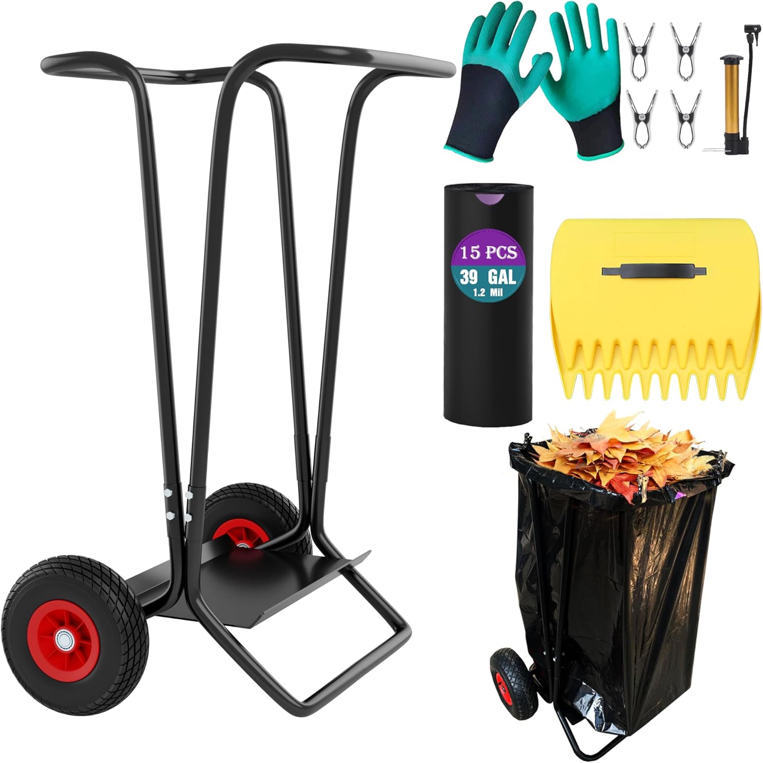 Mobile Trash Bag Holder Outdoor Lawn Leaf Bag Holder with Wheels and 15 ...