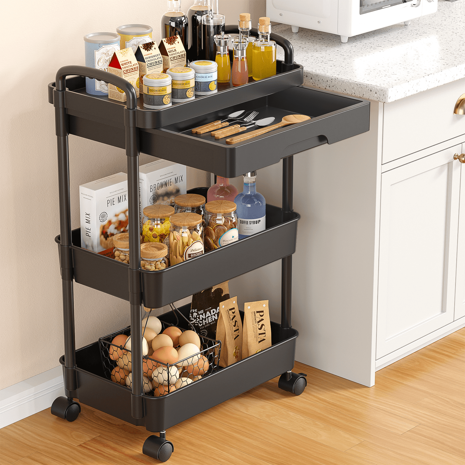 Rolling Utility Cart with Drawer 3 Tier, Plastic Rolling Cart with ...