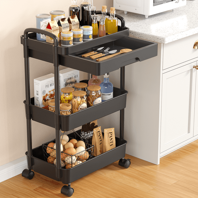 Rolling Utility Cart with Drawer 3 Tier, Plastic Rolling Cart with ...