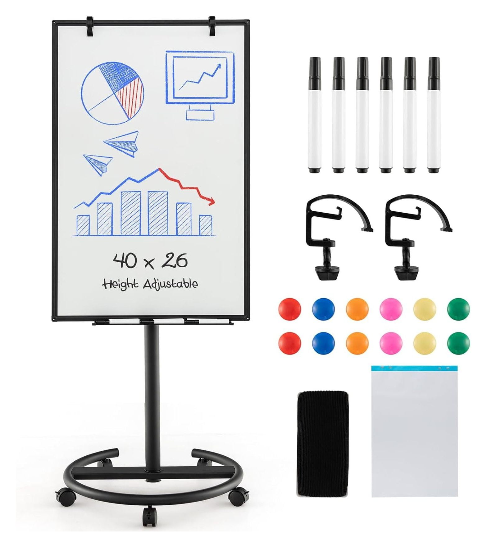 Mobile White Board Dry Erase, 40x26” Rolling Magnetic Whiteboard W/Adjustable Stand, Dry ...