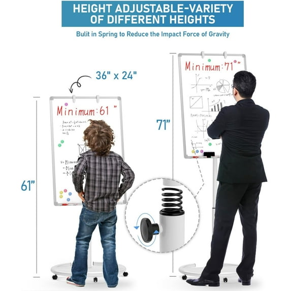 Mobile Whiteboard 36"x 24" Magnetic Dry Erase Board, Height Adjustable ...