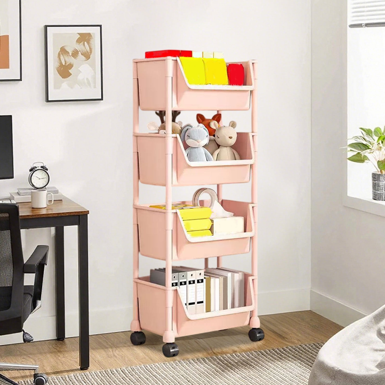 Mobile floor standing desk storage rack with wheels, multi-tiered ...