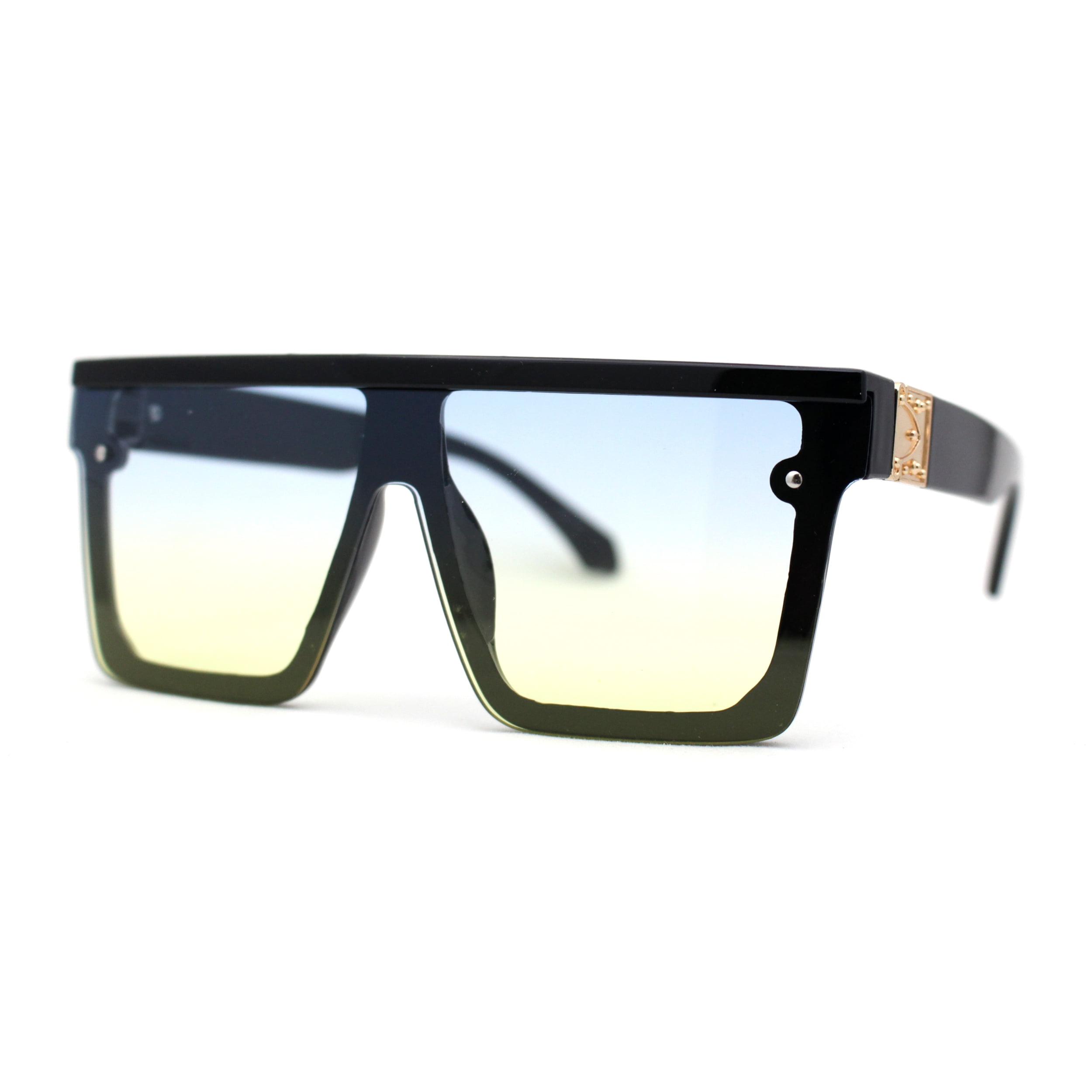 Mobster Flat Top Shield Horn Rimless Plastic Sunglasses Black Blue ...