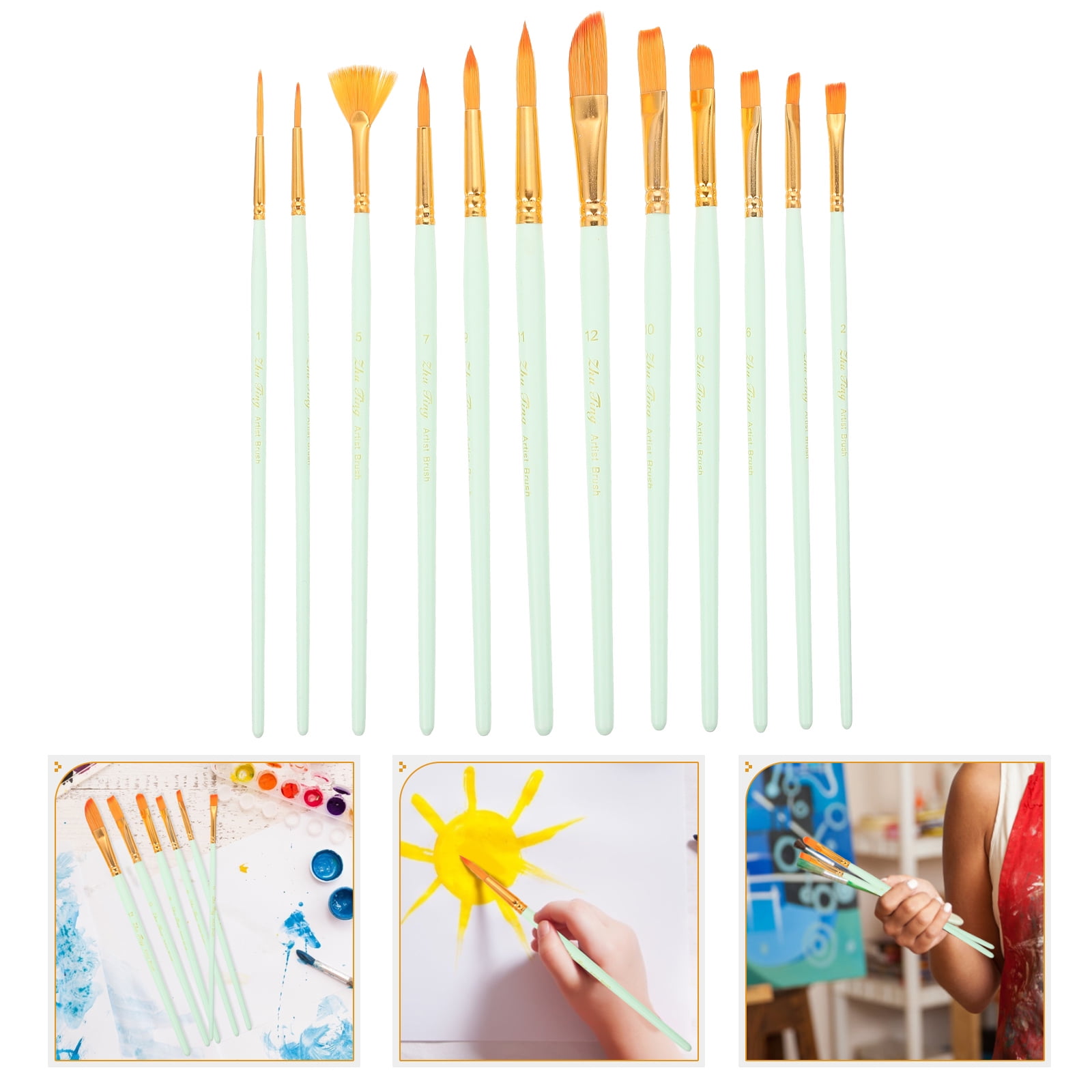 Mobutofu 12Pcs Water Colour Brushes with Streamlined Handle Light Green ...