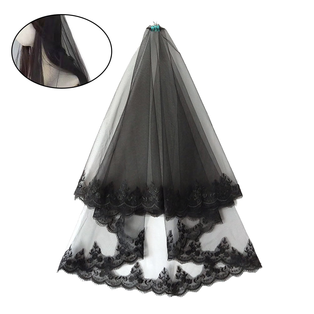 Mobutofu Black Bridal Veil with Lace and Gauze for Wedding Adds ...
