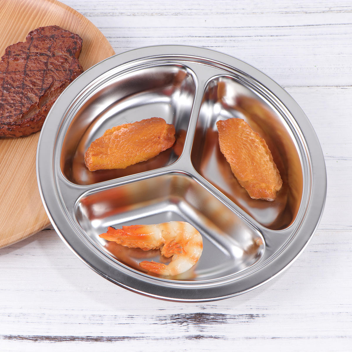 Mobutofu Stainless Steel Dining Plate 8Inch Silver Round With Three ...