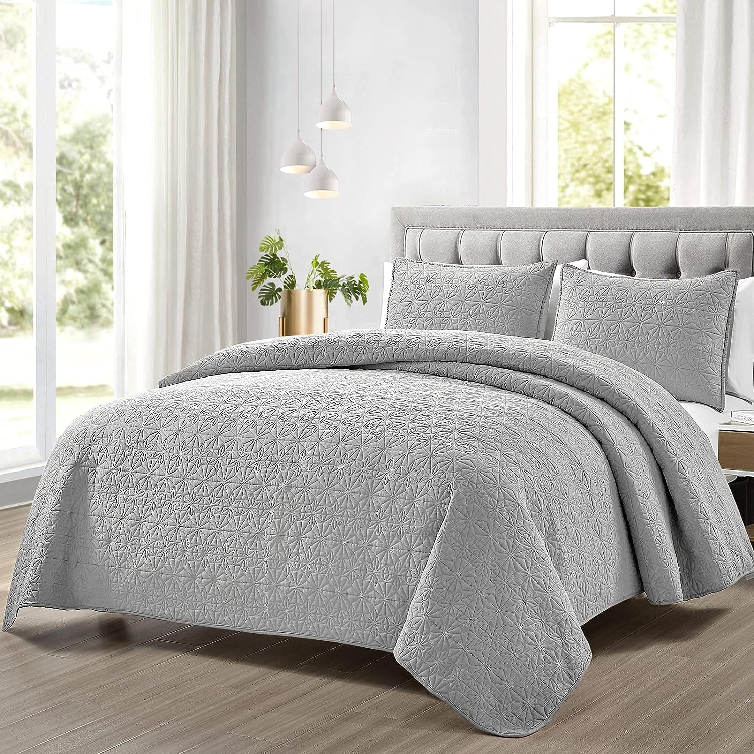 Mocaletto Luxury Twin Size 2 Piece Quilt Set, Light Gray Microfiber ...