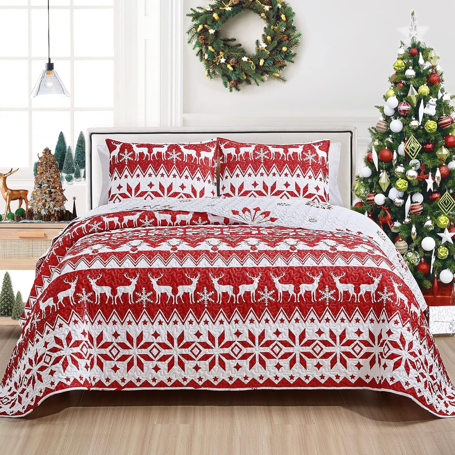Mocaletto Luxury King Size Quilts, 3 Piece Reversible Christmas Snow ...