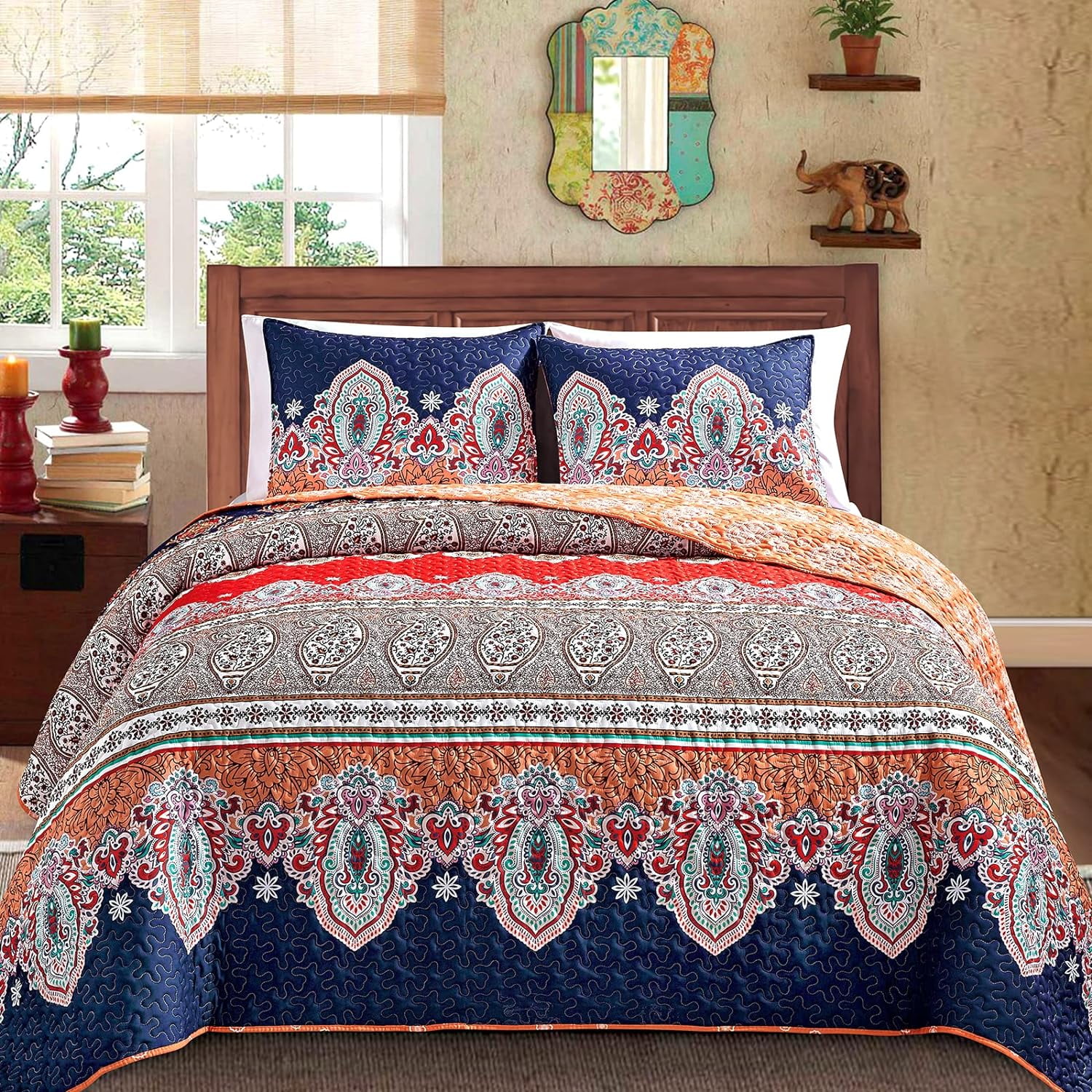 Mocaletto 3 Piece Queen Boho Quilts, Reversible Bedding Set with Shams ...