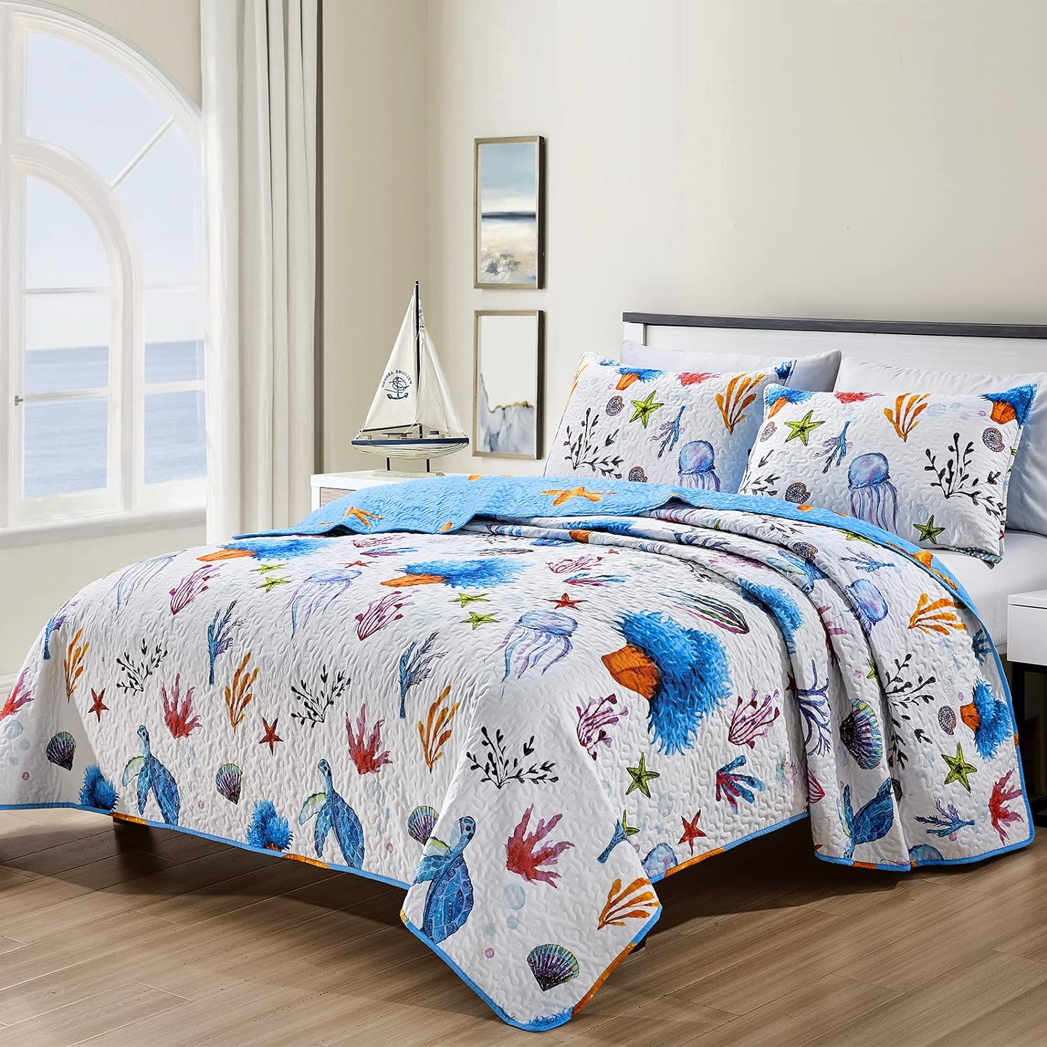 Great Bay Home Coastal Beach Reversible Quilt Set With Nautical Theme ...