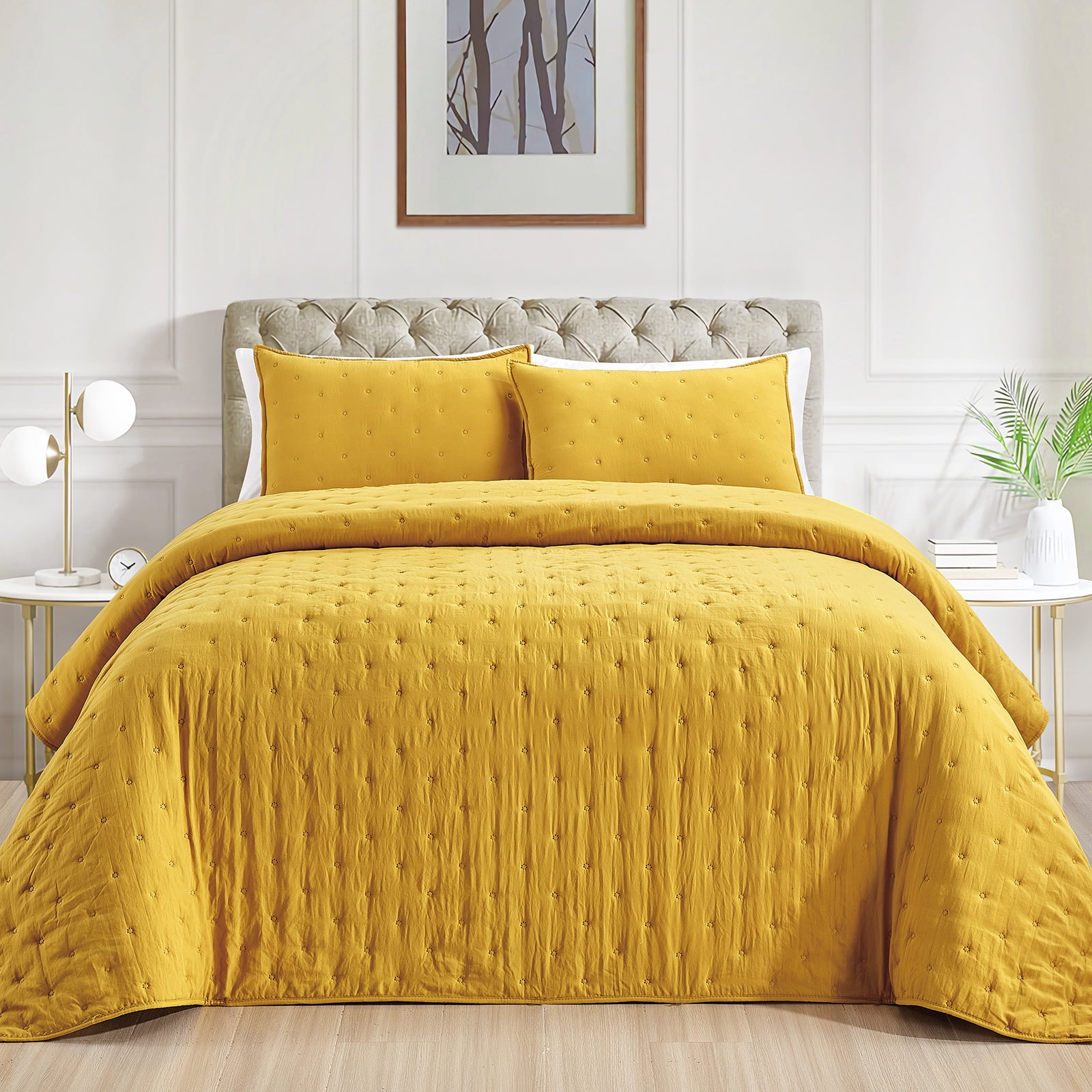 Mocaletto Reversible Quilts Set Queen Size, 3 Piece Yellow Quilt with ...