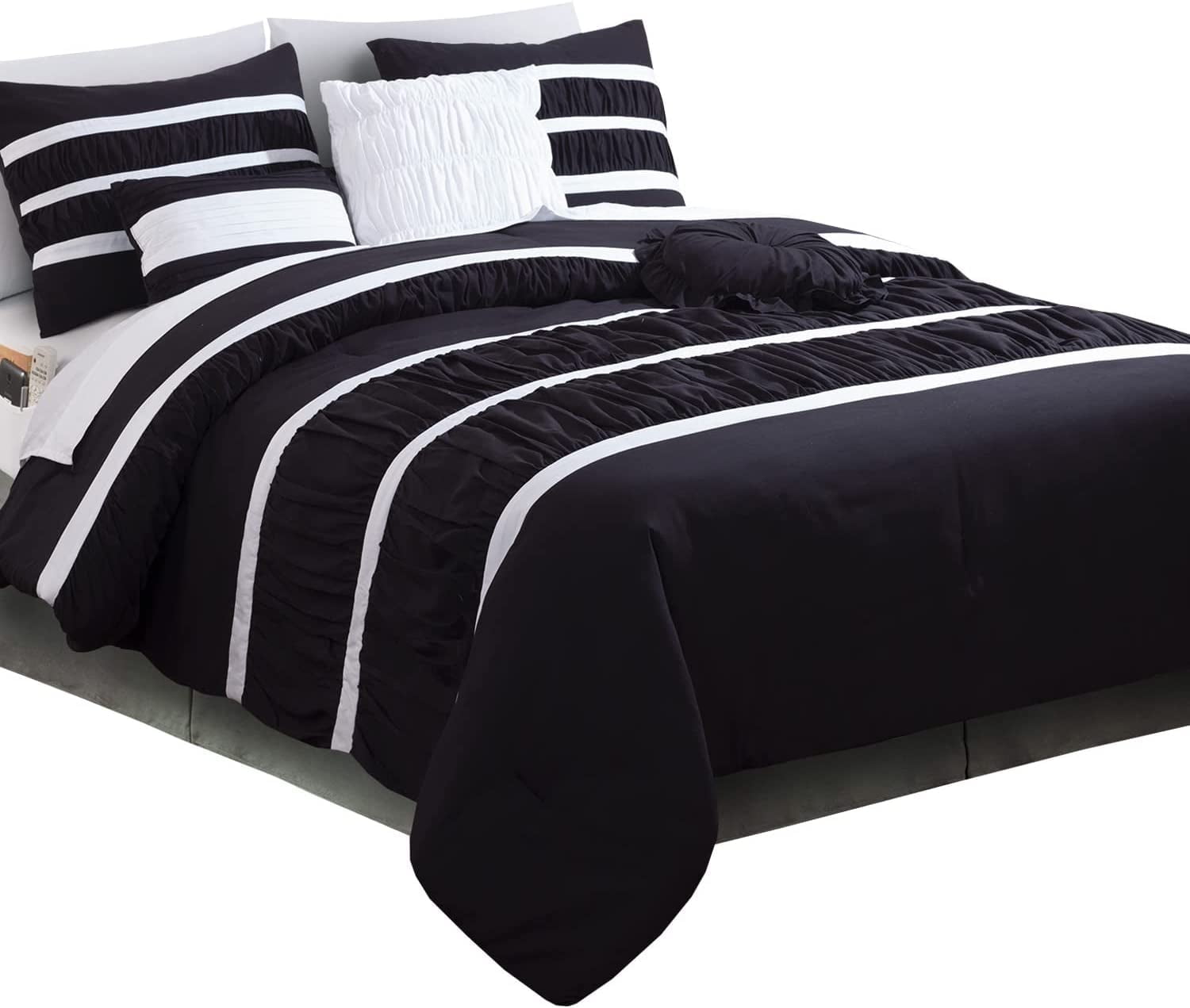 Mocassi Isabella 12-Pieces Black Pleated Ruched Comforter Bedding Sets ...