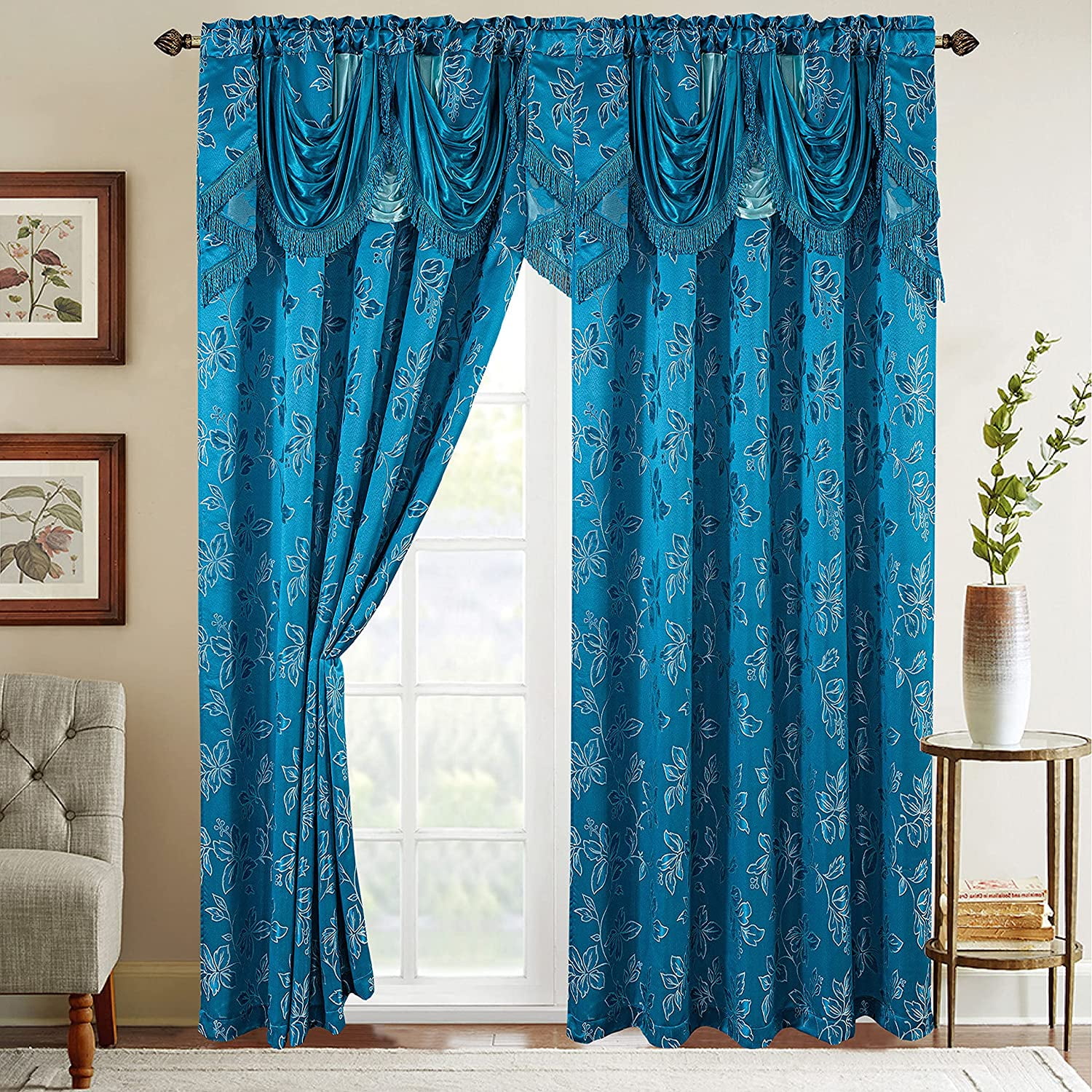Mocassi Jaquard Curtain Panels with Attached Pleated Valance, 2 inch ...