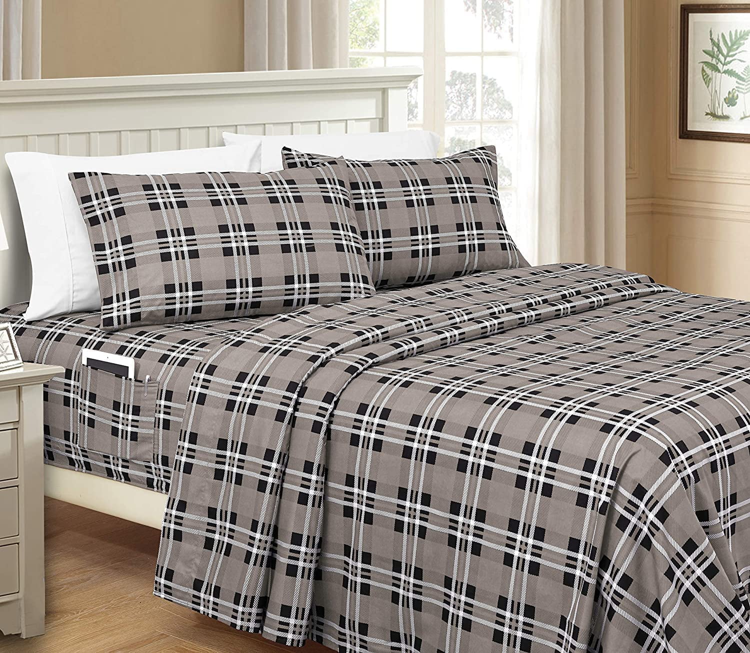 Mocassi Queen 6-Piece Plaid Sheet Set, 1500 Thread Count, Deep Pocket ...