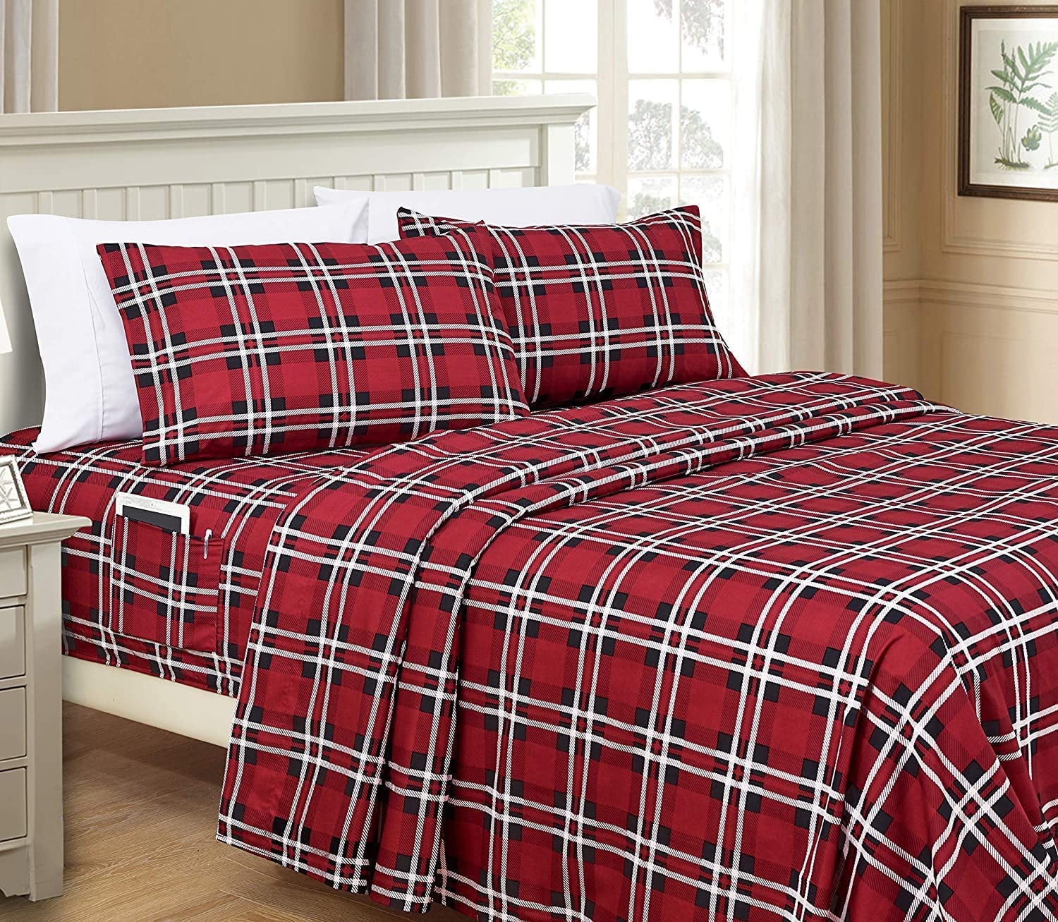 Mocassi Queen Size 6-Piece Plaid Sheet Set with Smart Pockets, 1500 ...