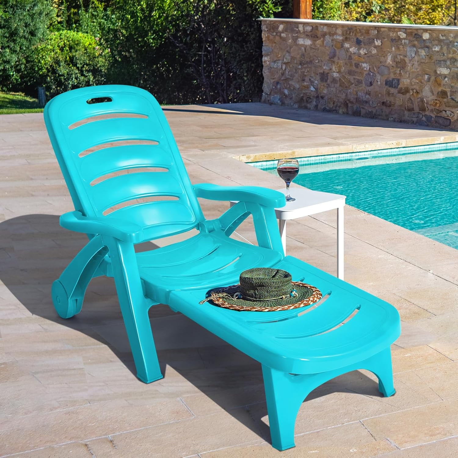 Moccha Folding Chaise Lounge Chair - Plastic Patio Lounger w/ 2 Rolling ...