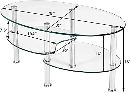 Moccha Glass Coffee Table, 3-Tier Modern Oval Smooth Glass Tea Table w ...