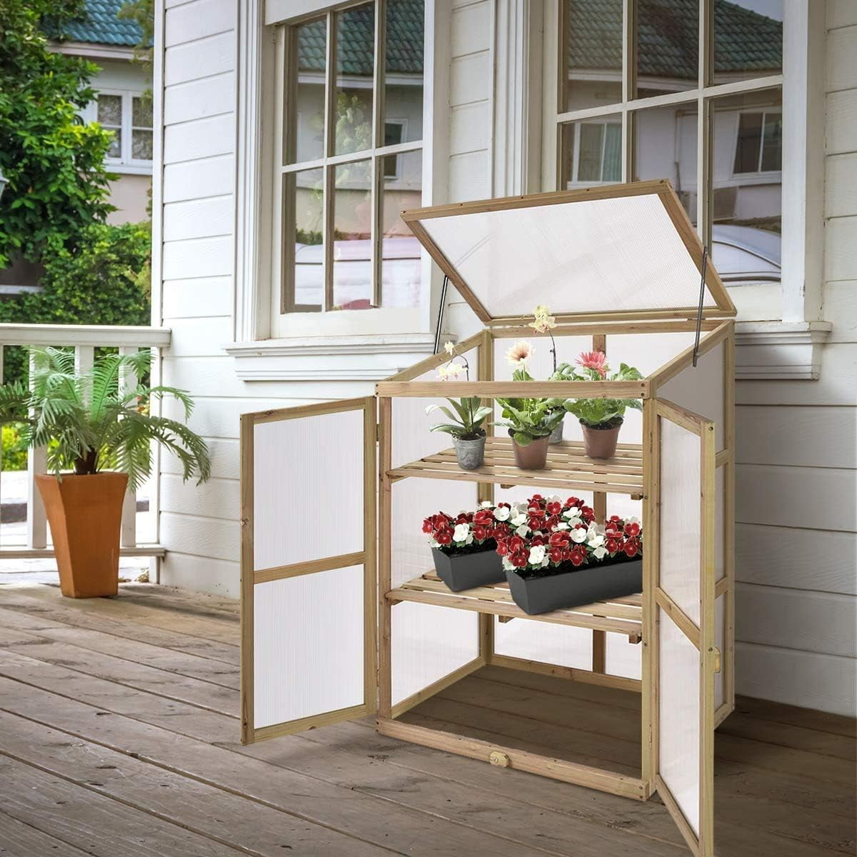 Moccha Greenhouse Wooden Cold Frame, Portable Garden Flower Planter ...