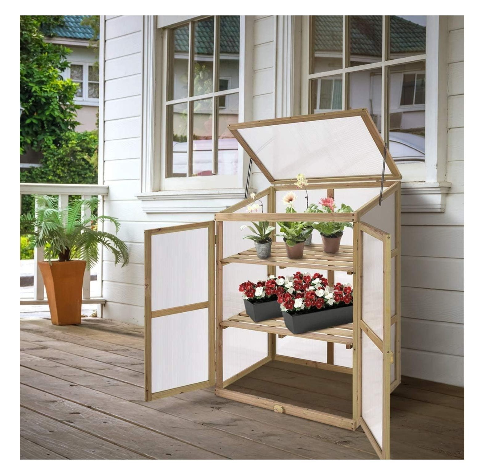 Moccha Greenhouse Wooden Cold Frame, Portable Garden Flower Planter ...
