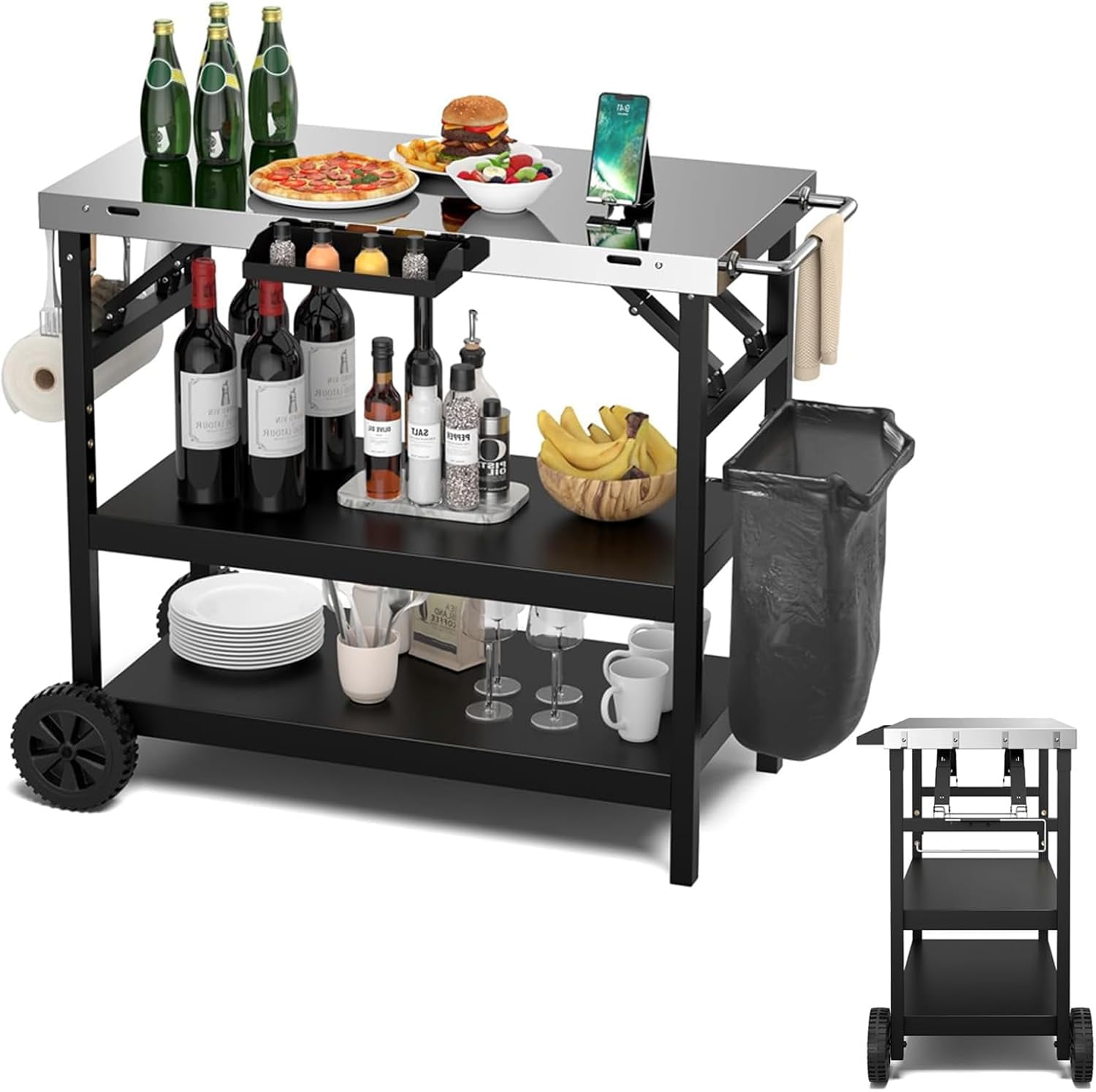Moccha Grill Cart Table with Wheels, Outdoor Food Prep Table with ...