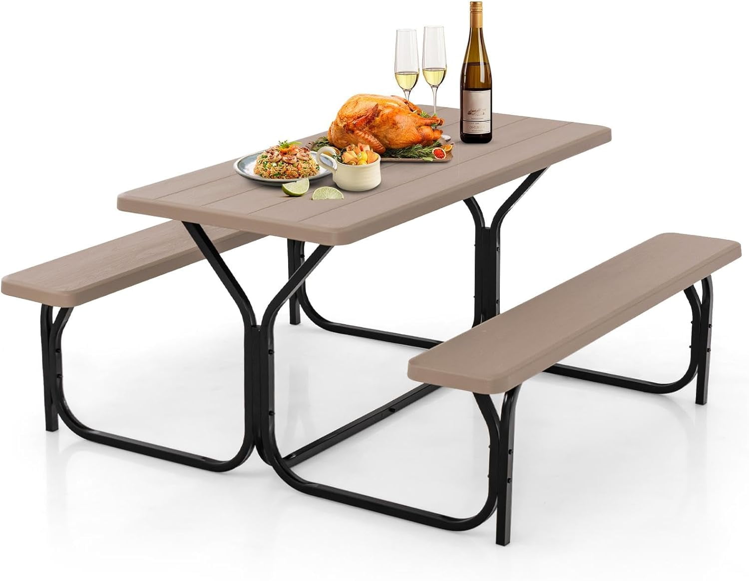 Moccha Picnic Table Bench Set, Portable Plastic Picnic Table w/Steel ...