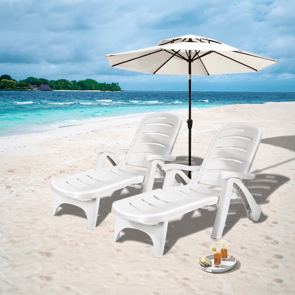 Moccha Plastic Chaise Lounge Chair - Folding Pool Lounger w/ 2 Rolling ...