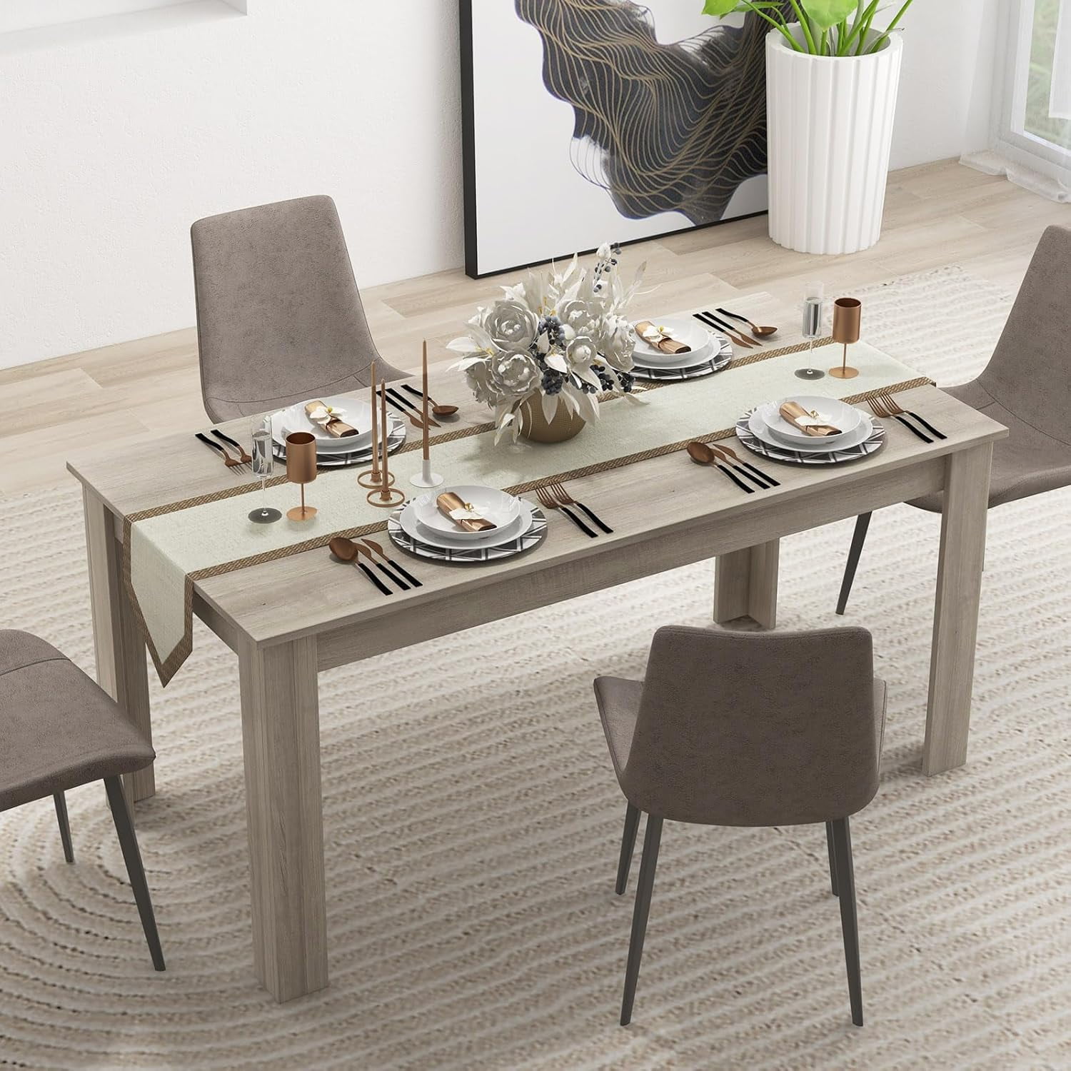 Moccha Wood Dining Table for 4-6 People, 63" Wood Rectangle Dinner ...