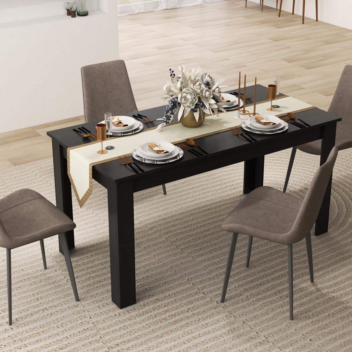 Moccha Wood Dining Table for 4-6 People, 63" Wood Rectangle Dinner ...