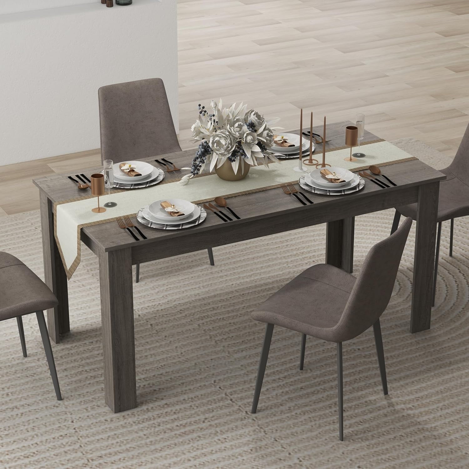 Moccha Wood Dining Table for 4-6 People, 63" Rectangle, Modern L-Shaped ...