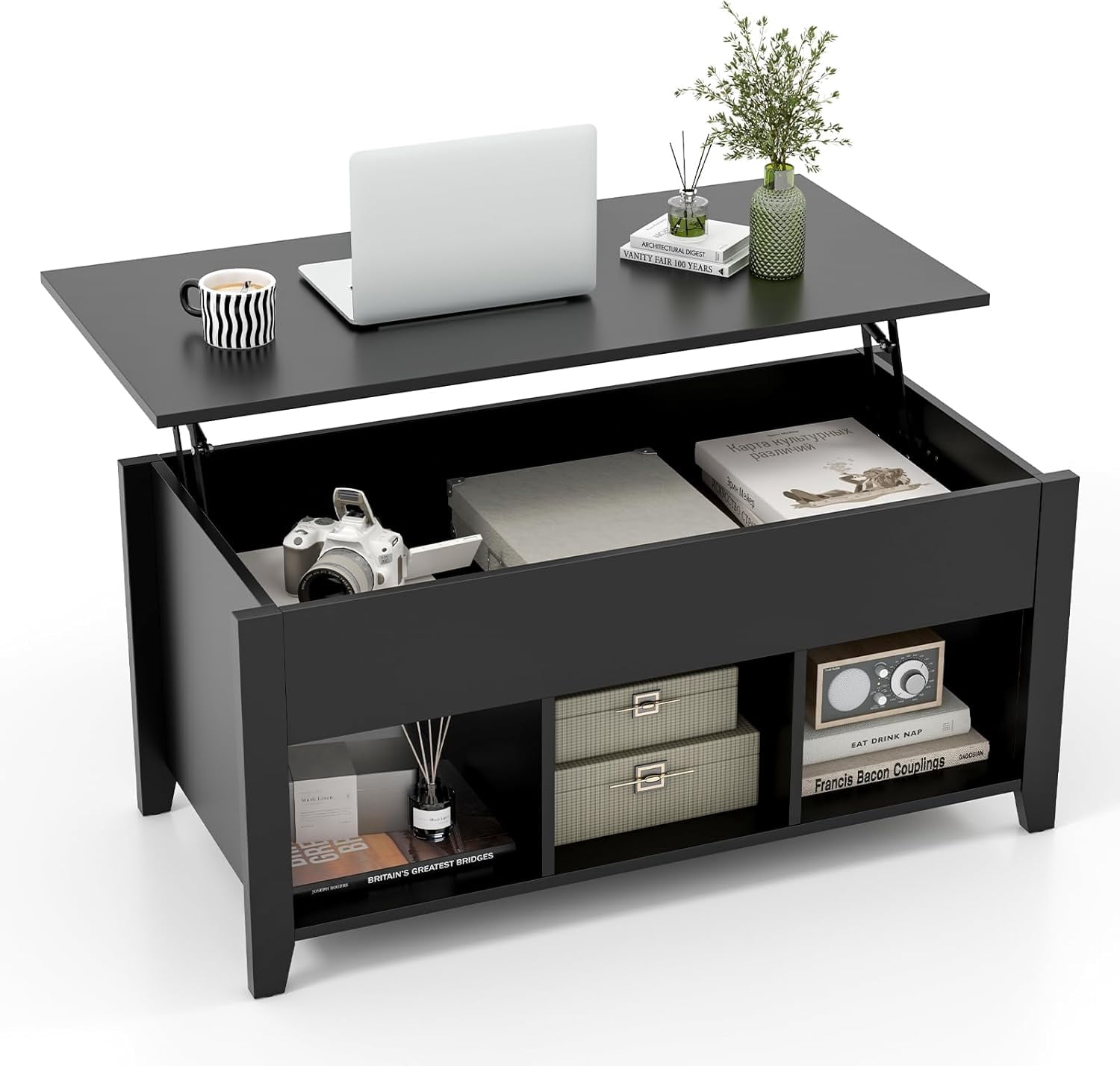 Moccha Wood Lift Top Coffee Table, Modern Cocktail Table w/Hidden ...