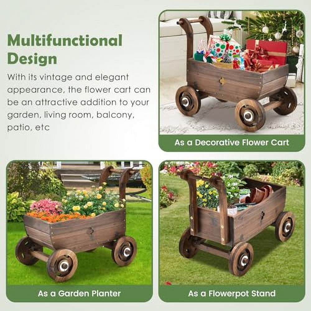 Moccha Wood Wagon Planter, Rustic Flower Cart With Wheels, 2 Drainage ...