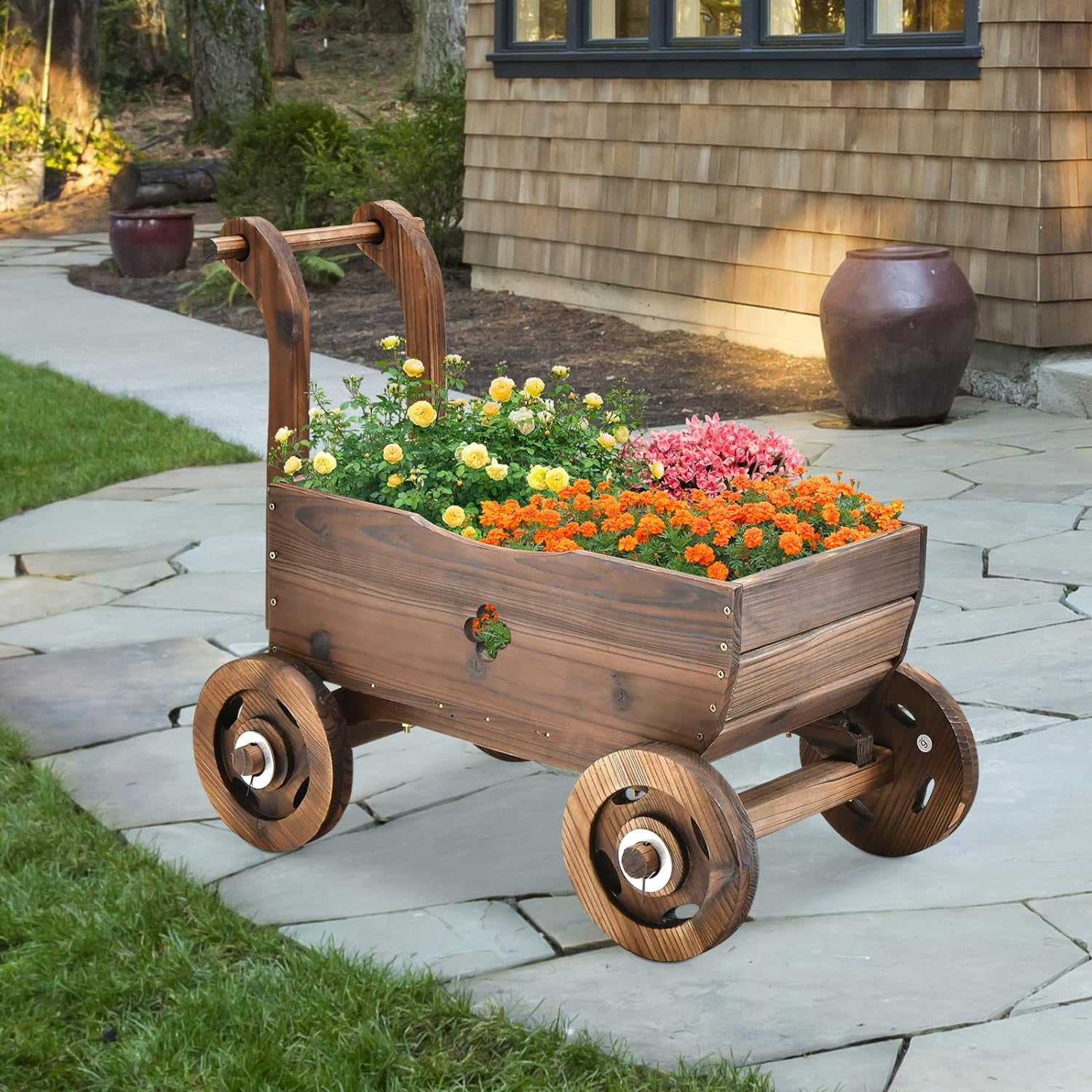 Moccha Wood Wagon Planter, Rustic Flower Cart with Wheels, 2 Drainage ...