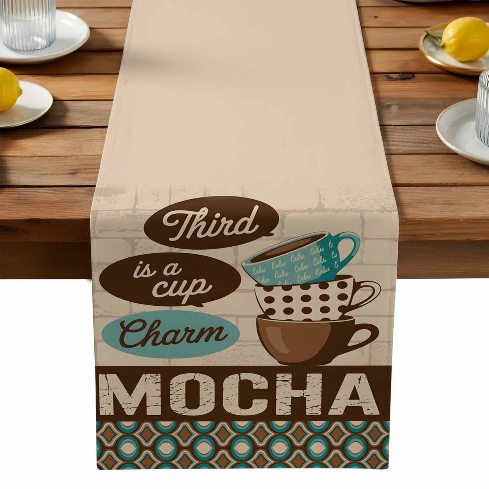 Mocha Coffee Cup Table Runner, Vintage Brown Retro Medieval Geometric ...