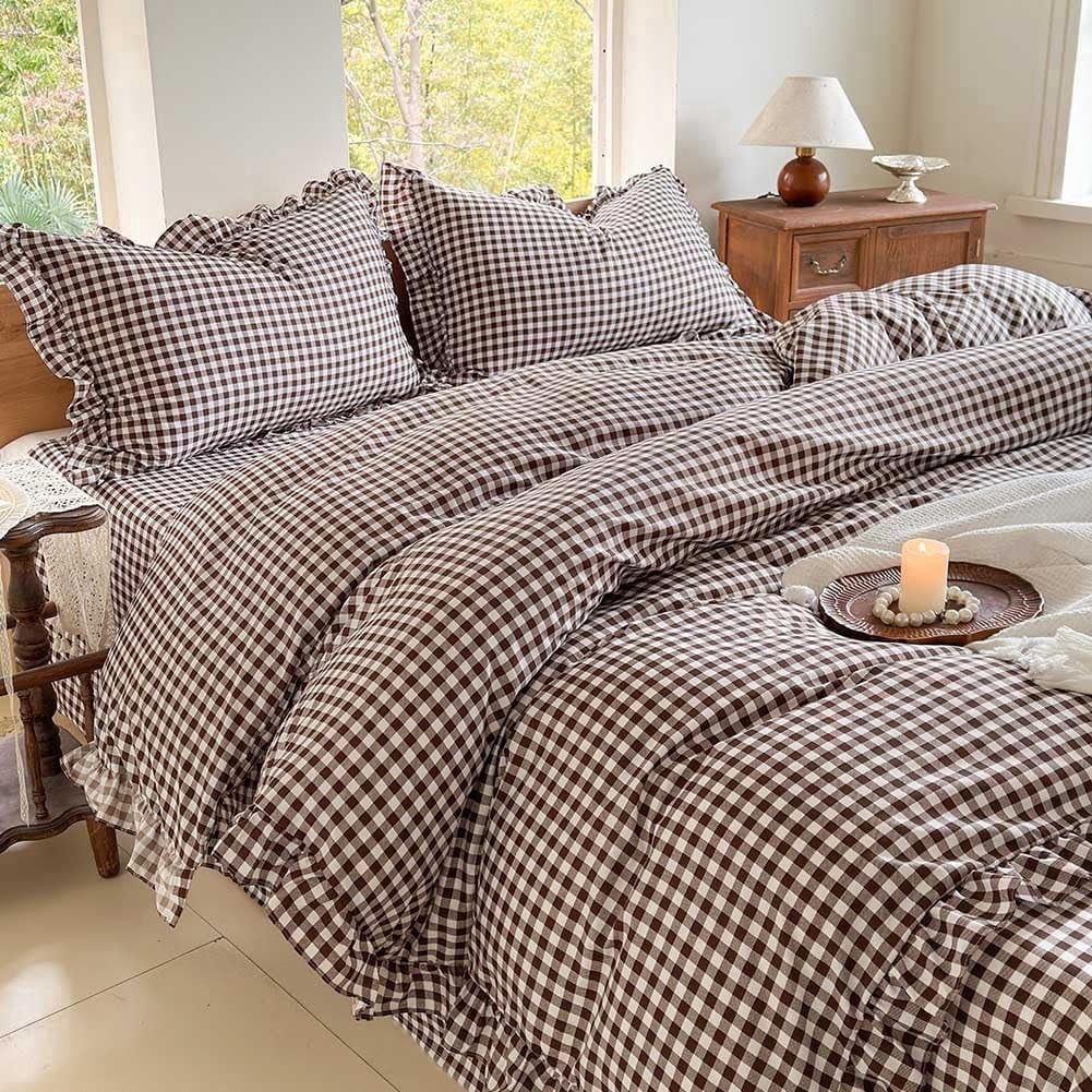 Mocha Gingham Ruffle Duvet Cover Twin Size, 2 Pieces Soft Pre-Washed ...